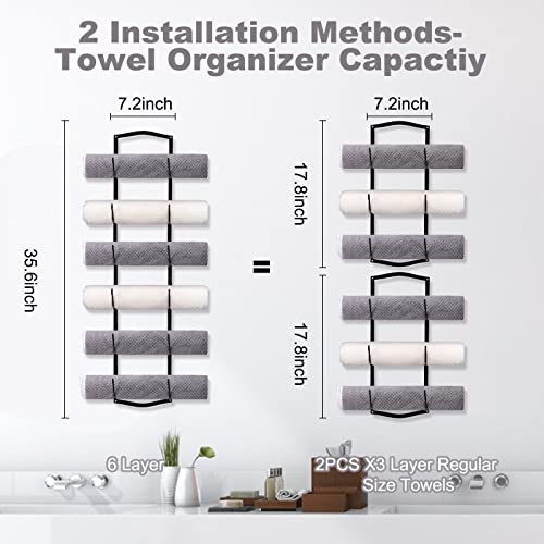 Lei Wing Towel Rack Wall Mounted for Bathroom, 2 Set Black Bath Towel Holder, Metal Wine Rack Towel Shelf Storage Organizer for Bathroom Towels, Washcloths, Hand Towels