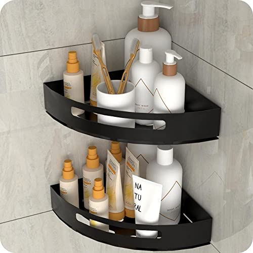 METALCROMO 2-Pack Shower Shelves for Tile Walls, No Drilling Required Stainless Steel Corner Shower Caddy for Shampoo Conditioner, Bathroom Organizer No Drilling (Black)