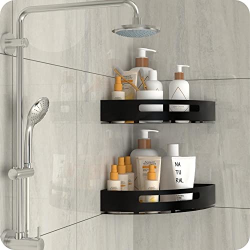 METALCROMO 2-Pack Shower Shelves for Tile Walls, No Drilling Required Stainless Steel Corner Shower Caddy for Shampoo Conditioner, Bathroom Organizer No Drilling (Black)