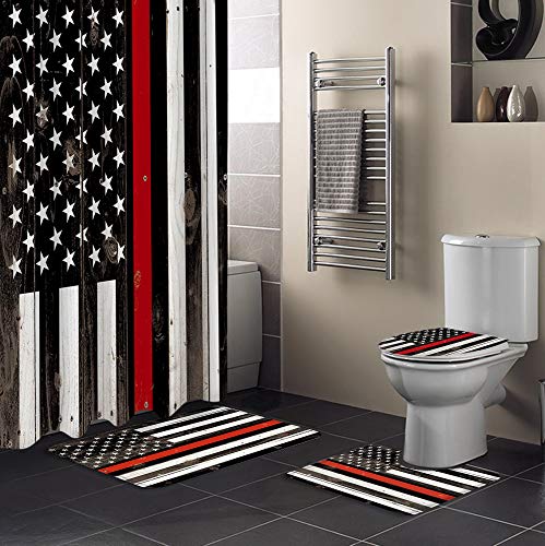 4 PCS Independence Day USA Flag Shower Curtain Set with Bath Rugs,American Red Line Fireman Waterproof Curtains Soft Bathroom Non-Slip Floor Mats Toilet U-Shaped Pad and Toilet Lid Covers Wood Plank