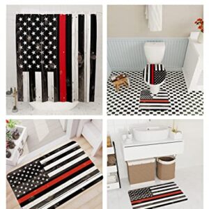 4 PCS Independence Day USA Flag Shower Curtain Set with Bath Rugs,American Red Line Fireman Waterproof Curtains Soft Bathroom Non-Slip Floor Mats Toilet U-Shaped Pad and Toilet Lid Covers Wood Plank