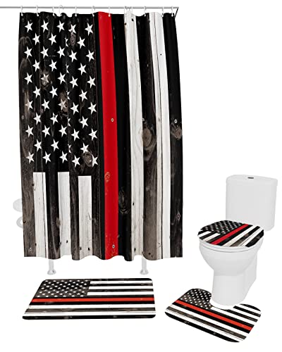 4 PCS Independence Day USA Flag Shower Curtain Set with Bath Rugs,American Red Line Fireman Waterproof Curtains Soft Bathroom Non-Slip Floor Mats Toilet U-Shaped Pad and Toilet Lid Covers Wood Plank