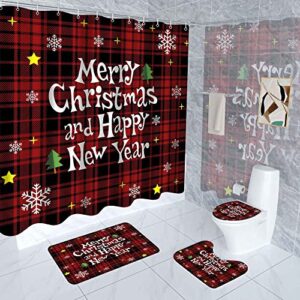 4 pcs christmas red buffalo plaid shower curtain set with rugs, toilet lid cover bath mat ,christmas shower curtain with 12 hooks,65 x 70 inches waterproof christmas shower curtain for bathroom set