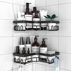 zbc corner shower caddy, 2-pack adhesive shower corner organizer shelves, rustproof shower shelf with hooks, shower basket rack storage, wall mount shower organizer for bathroom, kitchen (bend)