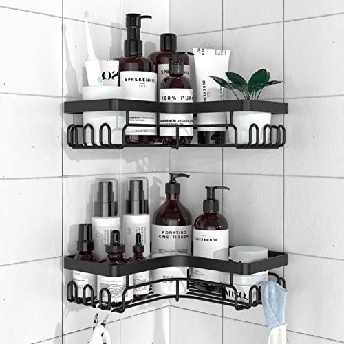 ZBC Corner Shower Caddy, 2-Pack Adhesive Shower Corner Organizer Shelves, Rustproof Shower Shelf with Hooks, Shower Basket Rack Storage, Wall Mount Shower Organizer for Bathroom, Kitchen (Bend)