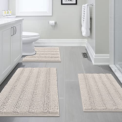 H.VERSAILTEX 3 Piece Bathroom Rugs Sets Thick Striped Bath Rugs Set for Bathroom Non Slip Soft Absorbent Bath Mat Set for Tub, Shower and Toilet(17''x24''+20''x32''+20''x24'' U-Shaped, Ivory)