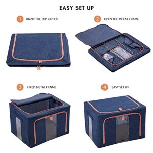 Tasmegol Foldable Clothes Storage Bins Stackable Steel Frame Closet Containers Organizer Bags Linen Cloth Clothing Box for Sweater Bedding Blanket（Navy 3 Pack 66L）