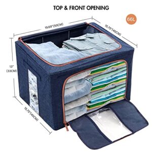 Tasmegol Foldable Clothes Storage Bins Stackable Steel Frame Closet Containers Organizer Bags Linen Cloth Clothing Box for Sweater Bedding Blanket（Navy 3 Pack 66L）