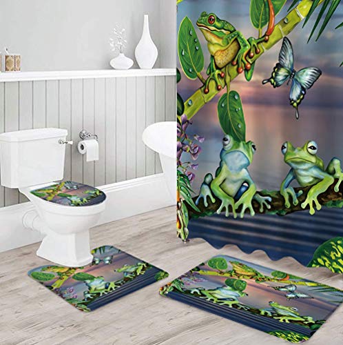 FAMILYDECOR 4 Pcs Bathroom Shower Curtain Sets with Non-Slip Rugs, Toilet Lid Cover and Bath Mat Cartton Frog and Butterfly Waterproof Bath Curtain with Rustproof Hooks 36x72 Inch