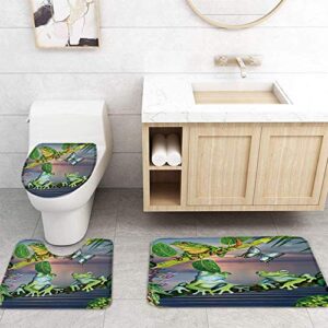 FAMILYDECOR 4 Pcs Bathroom Shower Curtain Sets with Non-Slip Rugs, Toilet Lid Cover and Bath Mat Cartton Frog and Butterfly Waterproof Bath Curtain with Rustproof Hooks 36x72 Inch