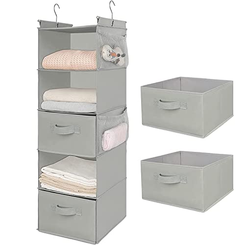 MAX Houser 6 Tier Shelf Hanging Closet Organizer and 5 Tier Shelf Hanging Closet Organizer, Closet Hanging Shelf with 2 Sturdy Hooks for Storage, Foldable,Beige and Light Grey-D2