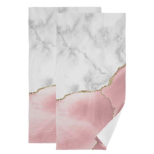 Hand Towels Highly Absorbent Soft Pink Agate and White Marble Polyester Cotton Bathroom Towels for Bathroom Kitchen Gym Yoga Spa Set of 2