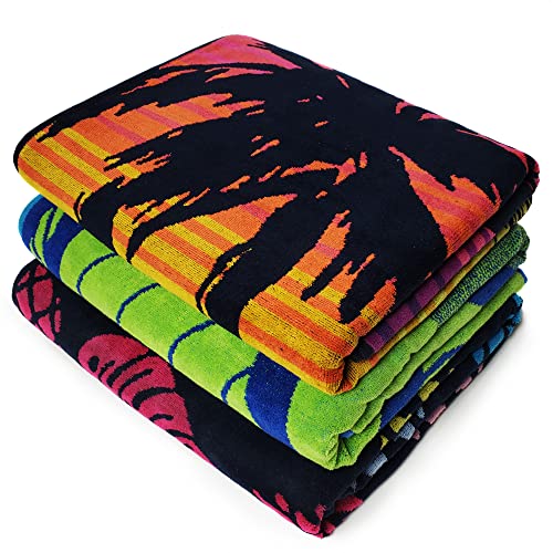 Kaufman - Assorted Premium Velour Oversized Double Jacquard Reversible 750 GSM Beach, Pool Towel, Plush, 40in x 70in, Luxurious 100% Cotton (3-Pack Assorted)