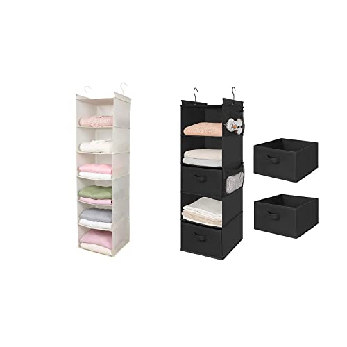 MAX Houser 6 Tier Shelf Hanging Closet Organizer and 5 Tier Shelf Hanging Closet Organizer, Closet Hanging Shelf with 2 Sturdy Hooks for Storage, Foldable,Beige and Black-D2