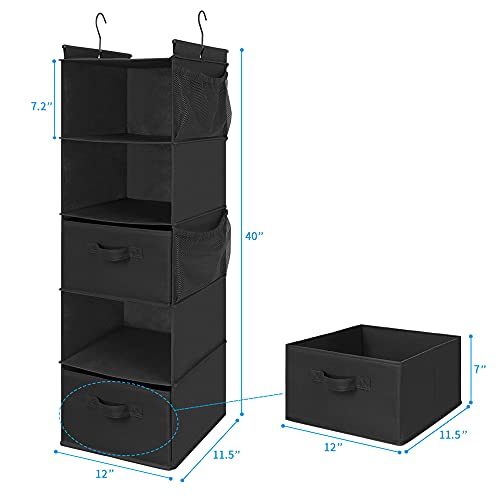 MAX Houser 6 Tier Shelf Hanging Closet Organizer and 5 Tier Shelf Hanging Closet Organizer, Closet Hanging Shelf with 2 Sturdy Hooks for Storage, Foldable,Beige and Black-D2