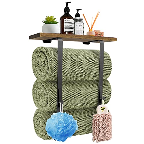 Ranslen Towel Racks Organizer for Bathroom Wall Mounted,Metal Towel Holders with Wooden Shelf and 2 Hooks,Black Storage Organizer for Large/Small Towels,Hand Towels,Washcloths,Spa,RV,Matte Black