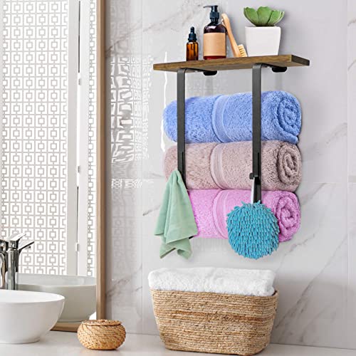 Ranslen Towel Racks Organizer for Bathroom Wall Mounted,Metal Towel Holders with Wooden Shelf and 2 Hooks,Black Storage Organizer for Large/Small Towels,Hand Towels,Washcloths,Spa,RV,Matte Black