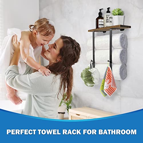 Ranslen Towel Racks Organizer for Bathroom Wall Mounted,Metal Towel Holders with Wooden Shelf and 2 Hooks,Black Storage Organizer for Large/Small Towels,Hand Towels,Washcloths,Spa,RV,Matte Black