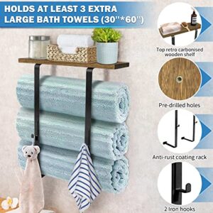 Ranslen Towel Racks Organizer for Bathroom Wall Mounted,Metal Towel Holders with Wooden Shelf and 2 Hooks,Black Storage Organizer for Large/Small Towels,Hand Towels,Washcloths,Spa,RV,Matte Black