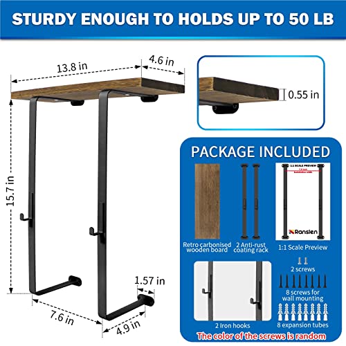 Ranslen Towel Racks Organizer for Bathroom Wall Mounted,Metal Towel Holders with Wooden Shelf and 2 Hooks,Black Storage Organizer for Large/Small Towels,Hand Towels,Washcloths,Spa,RV,Matte Black