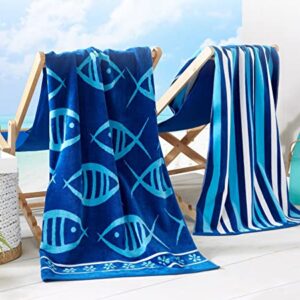 Great Bay Home Large Beach Towel Set of 2 - Blue Fish and Striped Beach Towels for Adults and Velour Pool Towels 100% Cotton - Lightweight Quick Dry Beach Towel Pack - Beach Towel for Travel