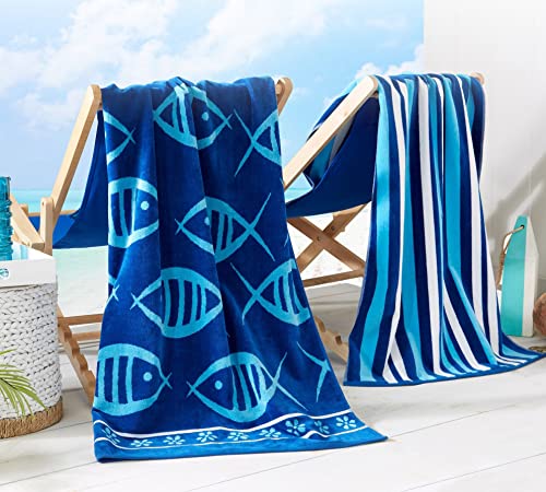 Great Bay Home Large Beach Towel Set of 2 - Blue Fish and Striped Beach Towels for Adults and Velour Pool Towels 100% Cotton - Lightweight Quick Dry Beach Towel Pack - Beach Towel for Travel