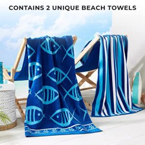 Great Bay Home Large Beach Towel Set of 2 - Blue Fish and Striped Beach Towels for Adults and Velour Pool Towels 100% Cotton - Lightweight Quick Dry Beach Towel Pack - Beach Towel for Travel