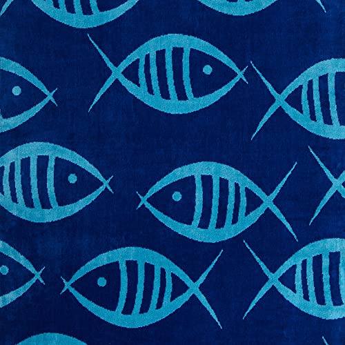 Great Bay Home Large Beach Towel Set of 2 - Blue Fish and Striped Beach Towels for Adults and Velour Pool Towels 100% Cotton - Lightweight Quick Dry Beach Towel Pack - Beach Towel for Travel