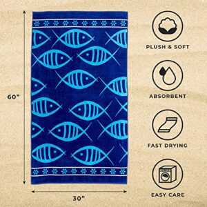 Great Bay Home Large Beach Towel Set of 2 - Blue Fish and Striped Beach Towels for Adults and Velour Pool Towels 100% Cotton - Lightweight Quick Dry Beach Towel Pack - Beach Towel for Travel