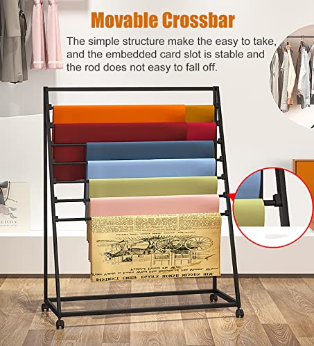 Freestanding Movable Scarf Rack Stand/Wrapping Paper Storage Organziers with Wheels, Metal Modern Double-Side Tall Display Shelf for Flower Shop/Retail Stores/Craft Room