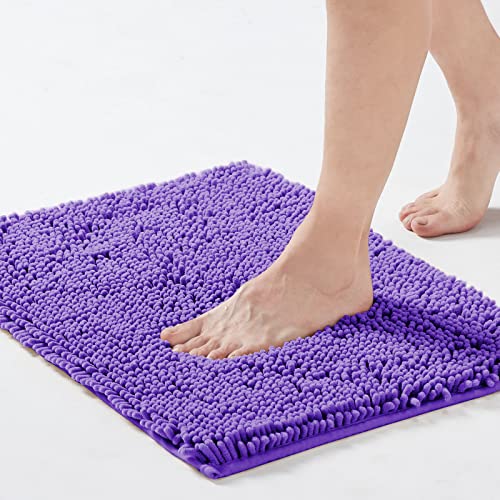 TECHMILLY Soft Fluffy Chenille Bathroom Rugs, Non Slip Absorbent Bath Mats for Bathroom, Washable and Quick Dry, Purple, 17" x 24"