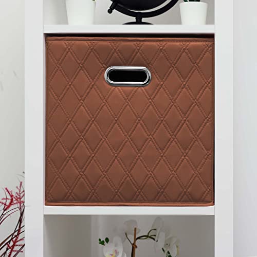 JIAessentials Small 11-inch Brown Foldable Diamond Patterned Faux Leather Storage Cube Bins Set of Four with Handles with Dual Handles for living room, bedroom and office storage