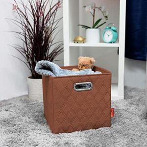 JIAessentials Small 11-inch Brown Foldable Diamond Patterned Faux Leather Storage Cube Bins Set of Four with Handles with Dual Handles for living room, bedroom and office storage