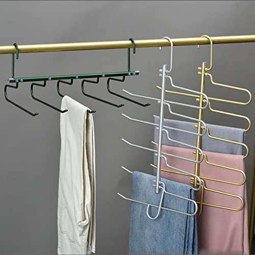 Gold Aluminum Alloy Magic Pants Hangers Space Saving Closet Hangers 5 Layers 4 Uses Multi Functional Pants Rack Heavy Duty Wardrobe Organizer Racks for Jeans, Suit Pants， Towel (2 Pack)