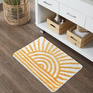 uphome boho bathroom rugs yellow and white sun bath mat non slip water absorbent microfiber bath rug modern minimalism aesthetic machine washable floor mats for bathtub sink shower, 18x26 inch