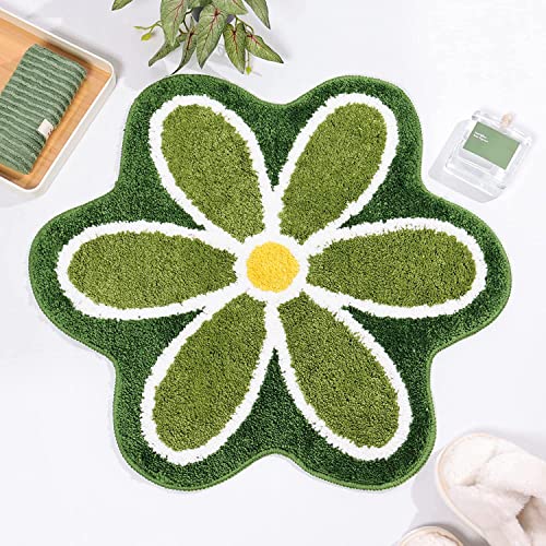 TRUEDAYS Green Flower Bath Mat for Bathroom Floor, Small Anti Slip Water Absorption Bath Rug, Ultra Soft and Fluffy Bathroom Rug, Fun Decorative Machine Washable Bathroom Mat