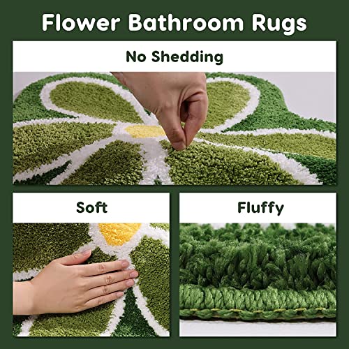 TRUEDAYS Green Flower Bath Mat for Bathroom Floor, Small Anti Slip Water Absorption Bath Rug, Ultra Soft and Fluffy Bathroom Rug, Fun Decorative Machine Washable Bathroom Mat