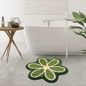 TRUEDAYS Green Flower Bath Mat for Bathroom Floor, Small Anti Slip Water Absorption Bath Rug, Ultra Soft and Fluffy Bathroom Rug, Fun Decorative Machine Washable Bathroom Mat