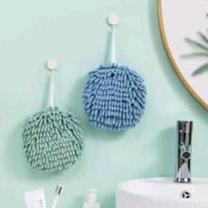 ASEANAO 2 PCS Chenille Hanging Hand Towels Quick Dry Hanging Absorbent Soft Hand Bath Towel, Bathroom Fluffy Microfiber Decorative Towels Ball，Cleaning Cloth for Bathroom Kitchen (Light Blue)