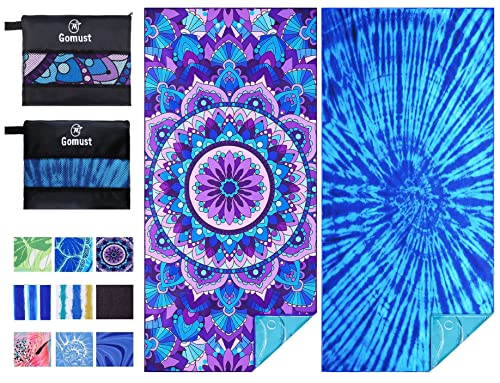 2 Pack Lightweight Thin Beach Towel Oversized 71"x32" Big Extra Large Microfiber Sand Free Towels for Adult Quick Dry Travel Camping Beach Accessories Vacation Essential Gift Tie Dye Purple Mandala