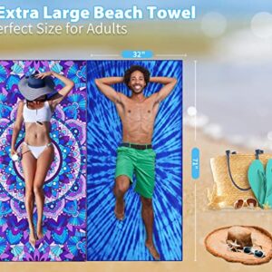 2 Pack Lightweight Thin Beach Towel Oversized 71"x32" Big Extra Large Microfiber Sand Free Towels for Adult Quick Dry Travel Camping Beach Accessories Vacation Essential Gift Tie Dye Purple Mandala