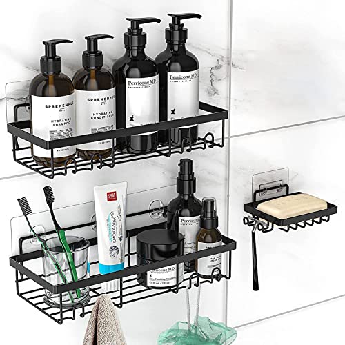 Edsumey Shower Organizer (Set of 3) w/Soap Holder, Shower Rack, No Drilling Adhesive Rustproof Shower Shelf, Stainless Steel 2-in-1 Spice Rack, Pack of 3 (Matte Black)