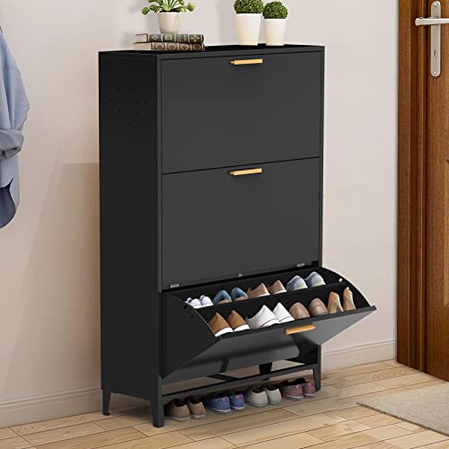 Lin-Utrend Shoe Cabinet with Adjustable Shelves Freestanding Shoe Storage Cabinet with 3 Flip Drawers Bucket,Shoe Cabinet for Entryway, Shoe Organizer Cabinet for Entryway Hallway Bedroom (Black)