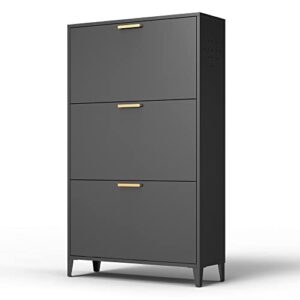 Lin-Utrend Shoe Cabinet with Adjustable Shelves Freestanding Shoe Storage Cabinet with 3 Flip Drawers Bucket,Shoe Cabinet for Entryway, Shoe Organizer Cabinet for Entryway Hallway Bedroom (Black)