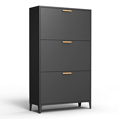 Lin-Utrend Shoe Cabinet with Adjustable Shelves Freestanding Shoe Storage Cabinet with 3 Flip Drawers Bucket,Shoe Cabinet for Entryway, Shoe Organizer Cabinet for Entryway Hallway Bedroom (Black)