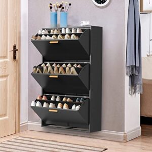 Lin-Utrend Shoe Cabinet with Adjustable Shelves Freestanding Shoe Storage Cabinet with 3 Flip Drawers Bucket,Shoe Cabinet for Entryway, Shoe Organizer Cabinet for Entryway Hallway Bedroom (Black)