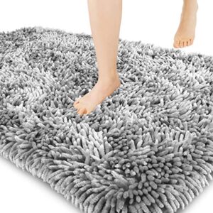 yimobra luxury chenille bathroom rug mat, extra soft and absorbent shaggy bath rugs non slip, machine washble dry, plush floor carpet for tub, shower, and bath room, 24 x 17 inches, light gray