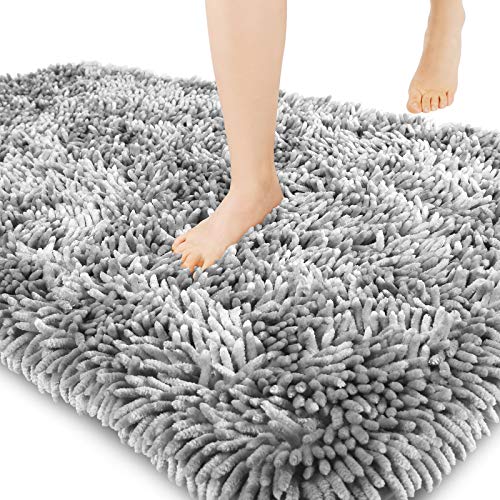 Yimobra Luxury Chenille Bathroom Rug Mat, Extra Soft and Absorbent Shaggy Bath Rugs Non Slip, Machine Washble Dry, Plush Floor Carpet for Tub, Shower, and Bath Room, 24 x 17 Inches, Light Gray