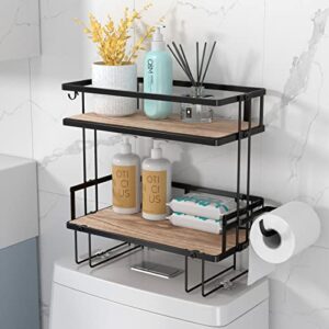 lorbro over the toilet storage shelf, bathroom storage organizer with wooden bottom plate & adhesive base, toilet storage rack for paper towels shampoos bathroom decor (black, 2-tier)