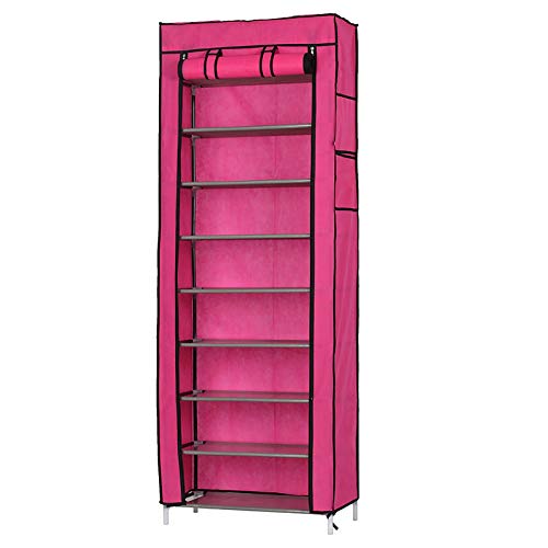 Gappys Shoe Rack Organizer Storage with Dustproof Cover - 10-Tier Free Standing Shoe Racks Cabinet for Closets,Shoe Stand,Shoe Shelf Storage (Pink), 22.83 x 11.4 x 63 inch